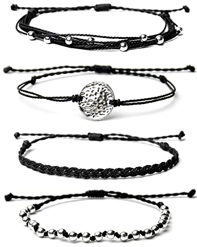 Mezcla Vida Bohemian Wave Coin Charms Black Beaded Handmade Braided Rope Surfing Woven Bracelets Sets For Women Teen Girls, Beach String Jewelry (BLACK)