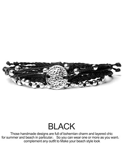 Mezcla Vida Bohemian Wave Coin Charms Black Beaded Handmade Braided Rope Surfing Woven Bracelets Sets For Women Teen Girls, Beach String Jewelry (BLACK)