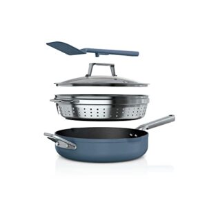 ninja cw102bl foodi neverstick possiblepan, premium set with 4-quart capacity pan, steamer/strainer basket, glass lid & integrated spatula, nonstick, durable & oven safe to 500°f, macaron blue