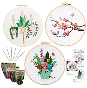 nuberlic 3 sets stamped embroidery starter kit with instruction for adults beginners, cross stitch kits include embroidery needlepoint cloth hoops needles and threads