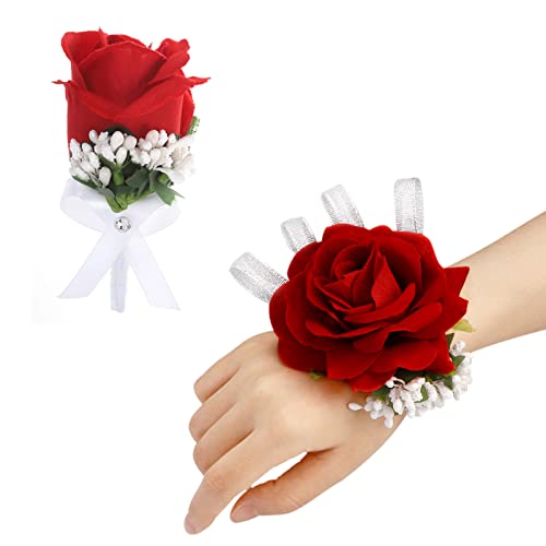 Aivanart Corsage and Boutonniere Set for Weddings，Burgundy Red Artificial Flower Wristlet Boutineers for Bride Shower Prom Formal Dinner Party Anniversary