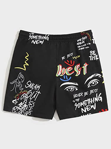 WDIRARA Men's Graphic Print Colorblock Drawstring Waist Active Pocket Shorts Black L