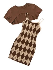 sweatyrocks girl's 2 piece outfits argyle print cami mini dress with short sleeve crop tee brown 8y