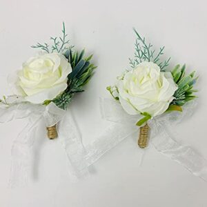 Set of 2 Rose Boutonnieres and Rose Wrist Corsage Men Boutonniere Set Woman White Rose Wrist Corsage Wristlet Band Bracelet for Wedding Suit Decorations (Boutonnieres)