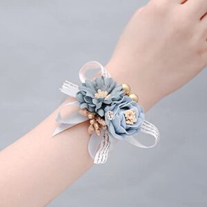 WANLIAN Bridesmaid Wrist Corsage Rose Wedding Flowers Hand Flower Homecoming Wristlet Band Bracelet for Wedding Party Prom Set of 2 (blue)