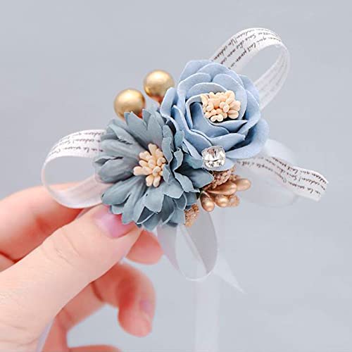 WANLIAN Bridesmaid Wrist Corsage Rose Wedding Flowers Hand Flower Homecoming Wristlet Band Bracelet for Wedding Party Prom Set of 2 (blue)