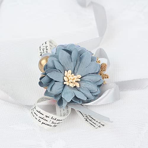 WANLIAN Bridesmaid Wrist Corsage Rose Wedding Flowers Hand Flower Homecoming Wristlet Band Bracelet for Wedding Party Prom Set of 2 (blue)