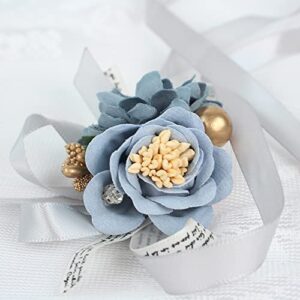 WANLIAN Bridesmaid Wrist Corsage Rose Wedding Flowers Hand Flower Homecoming Wristlet Band Bracelet for Wedding Party Prom Set of 2 (blue)