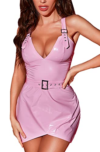 FEOYA Woman Patent Leather Wet Look Hollow Cut Out Bodycon Dress Latex Zipper Nightclub Lingerie Belt Strap Side Zip Clubwear Pink, S