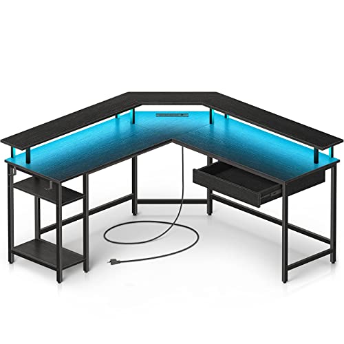 Rolanstar L Shaped Gaming Desk with Drawer, 55.1" Reversible Computer Desk with Power Outlets & LED Lights, Home Office Desk with Monitor Stand & Storage Shelf, Corner Desk with Hooks Black