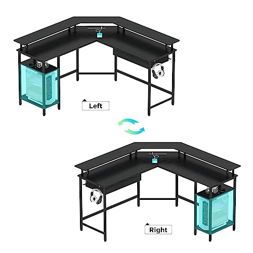 Rolanstar L Shaped Gaming Desk with Drawer, 55.1" Reversible Computer Desk with Power Outlets & LED Lights, Home Office Desk with Monitor Stand & Storage Shelf, Corner Desk with Hooks Black