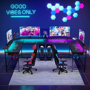 Rolanstar L Shaped Gaming Desk with Drawer, 55.1" Reversible Computer Desk with Power Outlets & LED Lights, Home Office Desk with Monitor Stand & Storage Shelf, Corner Desk with Hooks Black