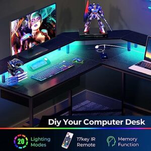 Rolanstar L Shaped Gaming Desk with Drawer, 55.1" Reversible Computer Desk with Power Outlets & LED Lights, Home Office Desk with Monitor Stand & Storage Shelf, Corner Desk with Hooks Black