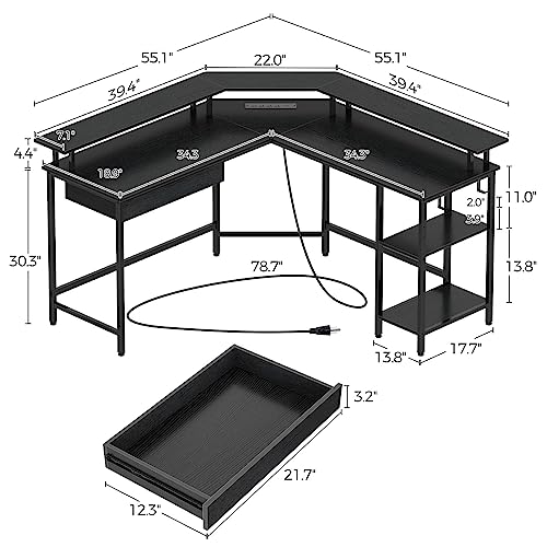 Rolanstar L Shaped Gaming Desk with Drawer, 55.1" Reversible Computer Desk with Power Outlets & LED Lights, Home Office Desk with Monitor Stand & Storage Shelf, Corner Desk with Hooks Black