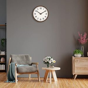 Foxtop Wooden Wall Clock 12 Inch Silent Non-Ticking Battery Operated Quartz Round Wood Wall Clock for Bedroom Kitchen Home Office (Brown)