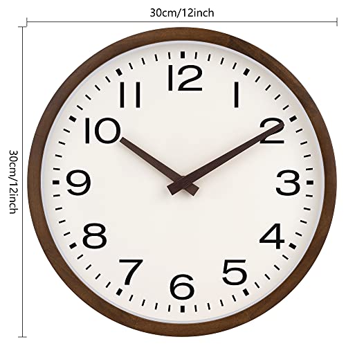 Foxtop Wooden Wall Clock 12 Inch Silent Non-Ticking Battery Operated Quartz Round Wood Wall Clock for Bedroom Kitchen Home Office (Brown)