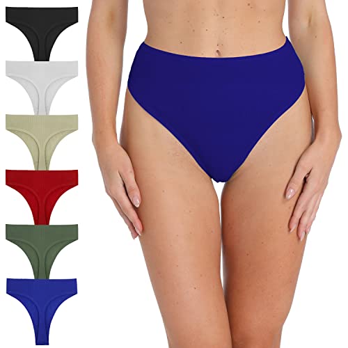 Xlndsoea Women's High Waisted Ribbed Cotton Thongs Stretchy Sport Panties High Cut Breathable Underwear 6-Pack Dark Colors