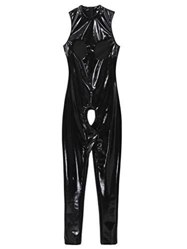 easyforever Women Sexy Hollow Out Bodysuit Lingerie Clubwear Patent Leather Invisible Zipper Latex Catsuit Black Small