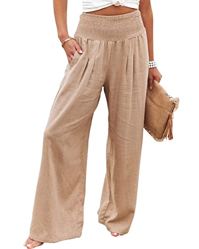 Vansha Women Summer High Waisted Cotton Linen Palazzo Pants Wide Leg Long Lounge Pant Trousers with Pocket Khaki S