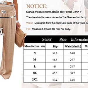 Vansha Women Summer High Waisted Cotton Linen Palazzo Pants Wide Leg Long Lounge Pant Trousers with Pocket Khaki S