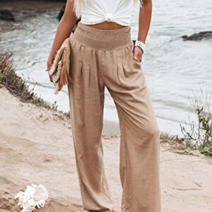 Vansha Women Summer High Waisted Cotton Linen Palazzo Pants Wide Leg Long Lounge Pant Trousers with Pocket Khaki S