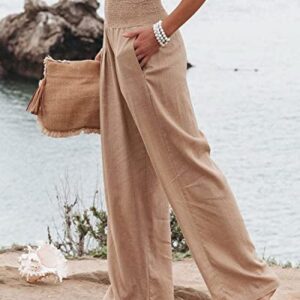 Vansha Women Summer High Waisted Cotton Linen Palazzo Pants Wide Leg Long Lounge Pant Trousers with Pocket Khaki S