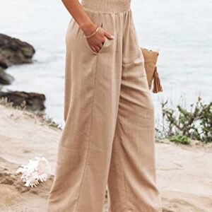 Vansha Women Summer High Waisted Cotton Linen Palazzo Pants Wide Leg Long Lounge Pant Trousers with Pocket Khaki S