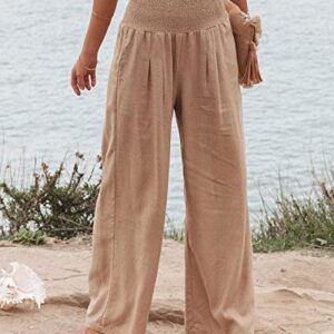 Vansha Women Summer High Waisted Cotton Linen Palazzo Pants Wide Leg Long Lounge Pant Trousers with Pocket Khaki S