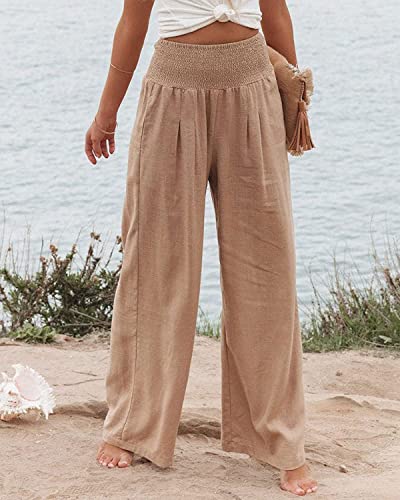 Vansha Women Summer High Waisted Cotton Linen Palazzo Pants Wide Leg Long Lounge Pant Trousers with Pocket Khaki S