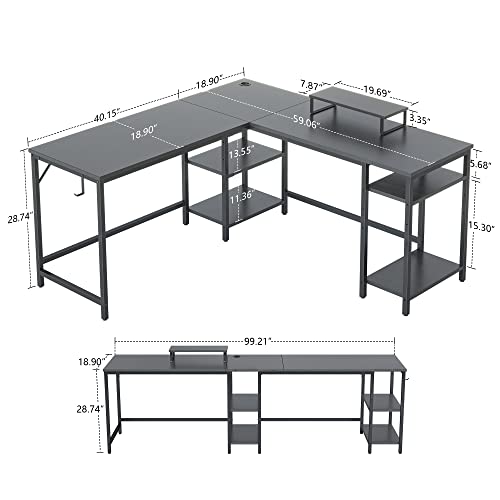 CubiCubi L Shaped Desk with Storage, 94.8 Inch Reversible Corner Computer Desk or 2 Person Long Table Desk, Home Office Large Gaming Writing Storage Workstation with Monitor Stand, Black