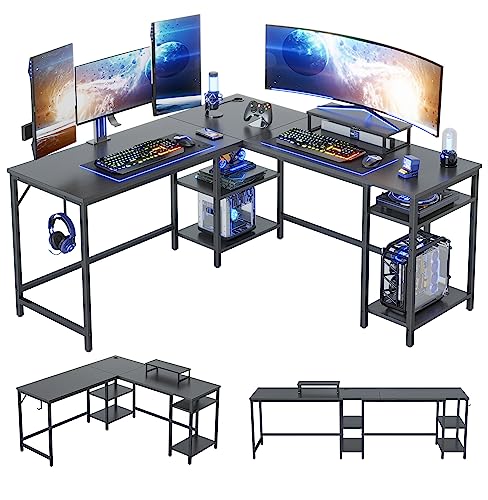 CubiCubi L Shaped Desk with Storage, 94.8 Inch Reversible Corner Computer Desk or 2 Person Long Table Desk, Home Office Large Gaming Writing Storage Workstation with Monitor Stand, Black