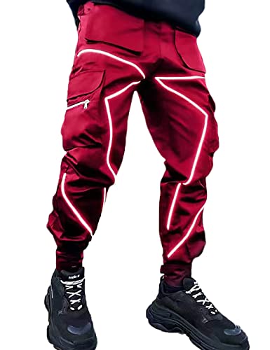 Nutriangee Men's Punk Rock Street Harem Pants, Reflective Technical Hip Hop Jogger Sport Pants Red Large