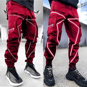 Nutriangee Men's Punk Rock Street Harem Pants, Reflective Technical Hip Hop Jogger Sport Pants Red Large