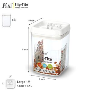 Felli Flip Tite LARGE Acrylic Food Storage Container 3PC Baking Set with 5” Air tight Seal Lid Easy Lock Square, Kitchen Pantry Organization Plastic Canister Jar Organizing Rice Flour Sugar Protein Powder Oat Dog Treat Organizer, Gift for Women (1.8qt, Wh