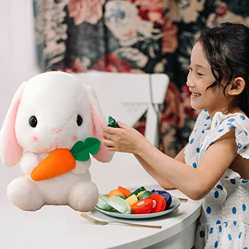 HOUPU Soft Toy - Sitting Lop Eared Rabbit, Easter White Rabbit Stuffed Bunny Animal with Carrot Soft Lovely Realistic Long-Eared Standing Pink Plush Toys (White-Carrot,8.6in/22cm)