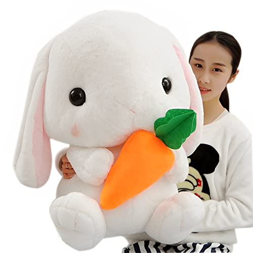 HOUPU Soft Toy - Sitting Lop Eared Rabbit, Easter White Rabbit Stuffed Bunny Animal with Carrot Soft Lovely Realistic Long-Eared Standing Pink Plush Toys (White-Carrot,8.6in/22cm)