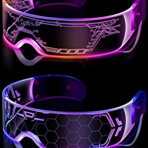 TOODOO 2 Pairs LED Visor Glasses 7 Colors Futuristic Glasses 4 Modes Light Up Glasses Honeycomb Luminous Glasses for Adults (Elegant Style)