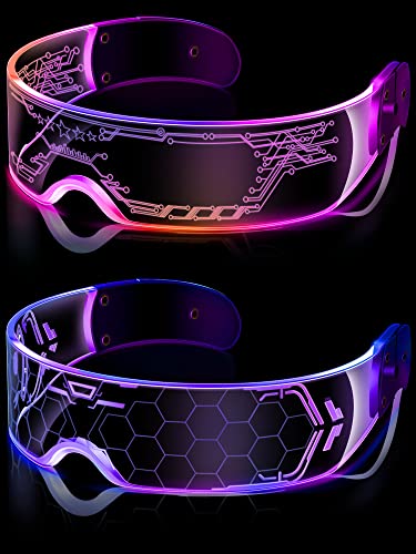 TOODOO 2 Pairs LED Visor Glasses 7 Colors Futuristic Glasses 4 Modes Light Up Glasses Honeycomb Luminous Glasses for Adults (Elegant Style)