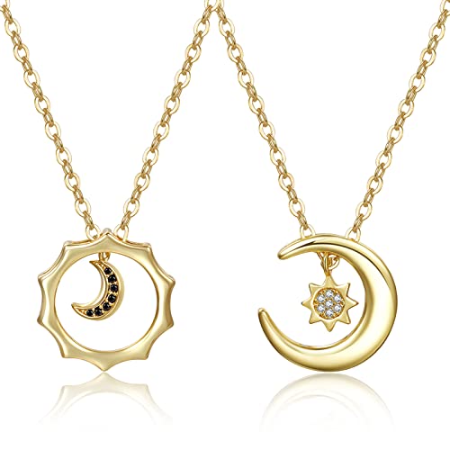 MJartoria Best Friend Necklace Sun Moon Pendant BFF Necklace for 2 Friendship or Couples Matching Necklaces Jewelry Gifts (Gold-Sun+Moon+Rhinestones)