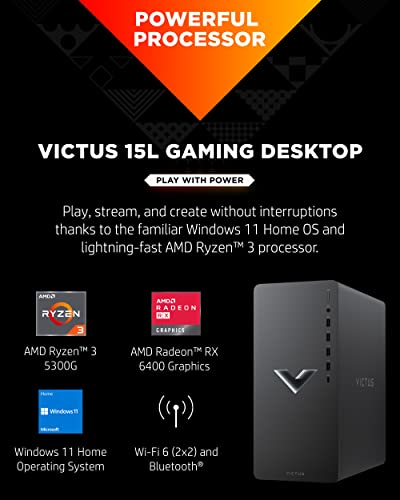 HP Victus 15L Gaming Desktop Computer Bundle PC, AMD Ryzen 3 Processor, 8 GB SDRAM, 256 GB SSD, Windows 11 Home OS, Surround Sound, Wi-Fi 6 and Bluetooth (TG02-0110, 2022)