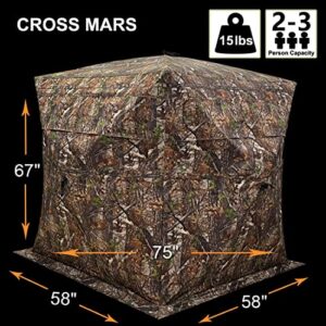 CROSS MARS Portable 2-3 Person 270 Degree See Through Hunting Blind Ground Camouflage Pop Up Turkey Deer Blinds Tent with 2 Stools