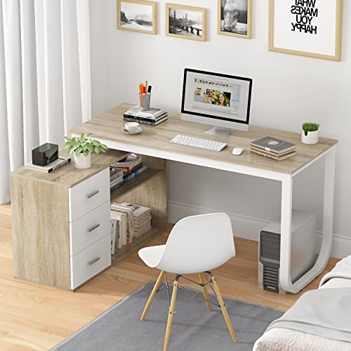 Homsee Home Office Computer Desk Corner Desk with 3 Drawers and 2 Shelves, 55 Inch Large L-Shaped Study Writing Table with Storage Cabinet - Walnut and White