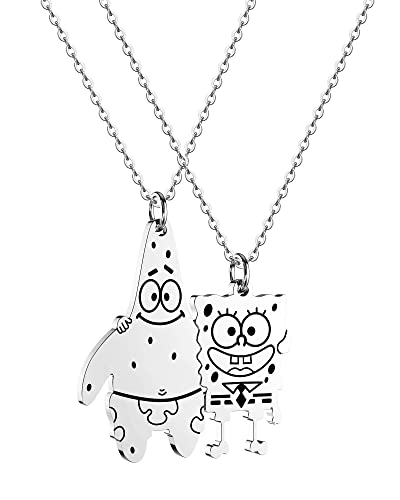 HOFOYA A pair Spongebob and Patrick Star Necklace,Sisters Necklace Set 2,Best Friend Pendant of 2 BFF Friendship Cute Funny Cartoon Necklaces, Christmas Birthday Valentine's Day Gift.