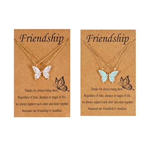 4pcs Best Friend Necklace With Card Cute BFF Friendship Butterfly Matching Necklace for Women Girls Best Friends Long Distance Birthday Gifts-blue pink