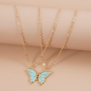 4pcs Best Friend Necklace With Card Cute BFF Friendship Butterfly Matching Necklace for Women Girls Best Friends Long Distance Birthday Gifts-blue pink