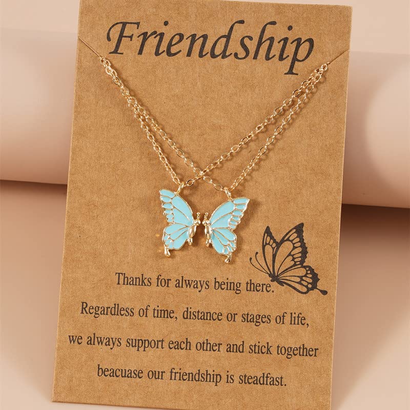 4pcs Best Friend Necklace With Card Cute BFF Friendship Butterfly Matching Necklace for Women Girls Best Friends Long Distance Birthday Gifts-blue pink