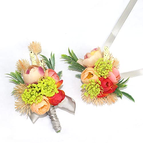 Yedadone Corsage and Boutonniere Set Handmade Artificial Wrist Corsage Peony Rose Wristlet and Groom Boutonniere for Wedding Flowers Accessories Prom Suit Decorations (Orange)