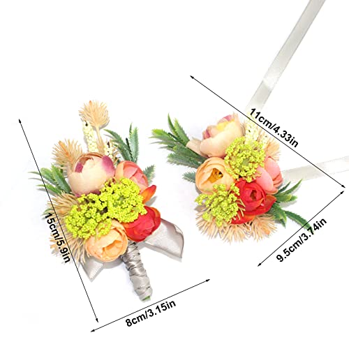 Yedadone Corsage and Boutonniere Set Handmade Artificial Wrist Corsage Peony Rose Wristlet and Groom Boutonniere for Wedding Flowers Accessories Prom Suit Decorations (Orange)