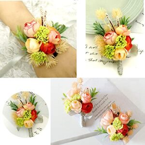 Yedadone Corsage and Boutonniere Set Handmade Artificial Wrist Corsage Peony Rose Wristlet and Groom Boutonniere for Wedding Flowers Accessories Prom Suit Decorations (Orange)