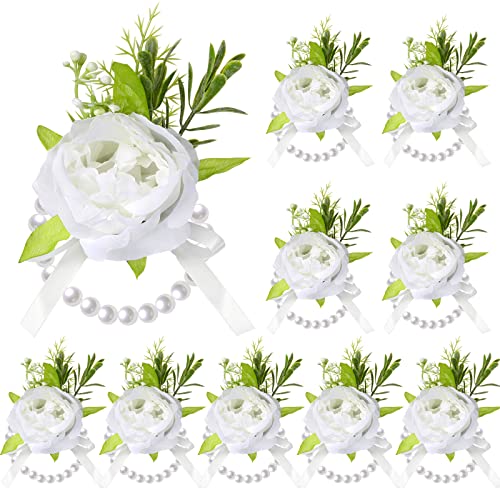 10 Pcs Ivory Rose Wrist Corsage Wristlet Band Prom Hand Flower Bride Wrist Corsage White Wedding Corsage Bracelet Bridesmaid Wristband for Women Homecoming Bridal Shower Accessories (Pearl Style)